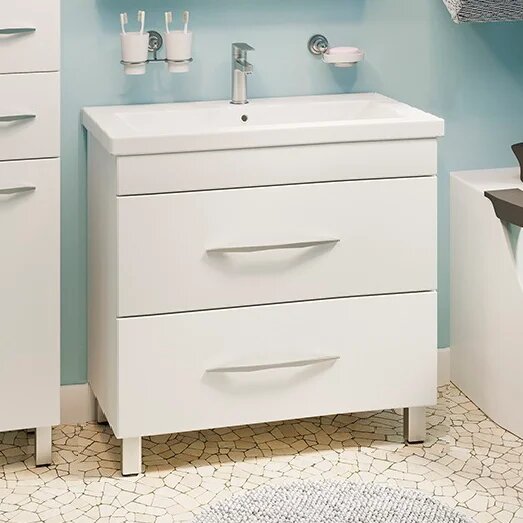 Тумба с раковиной Emmy Рокард 80 напольная, 80 см, белая, глянцевая, из МДФ, с ящиками, раковина для ванной, фарфоровая, прямоугольная, встроенный слив-перелив