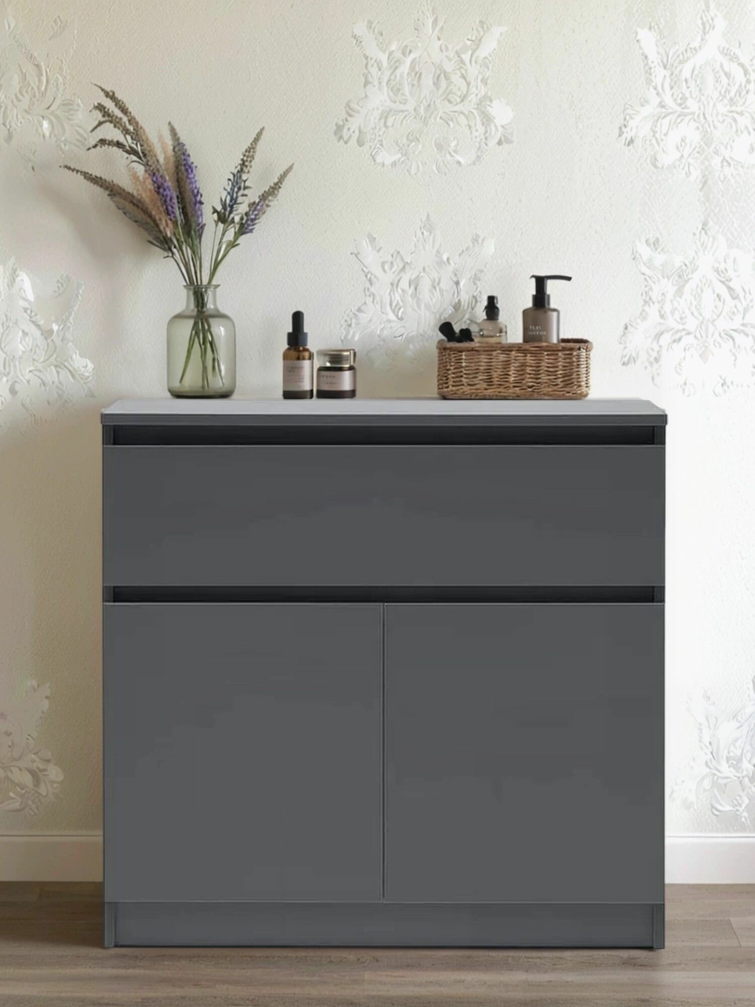 Комод МиФ Челси S-MF0000154, 1 ящик, 2 дверцы, ЛДСП, графитовый, 80х33х76,8 см