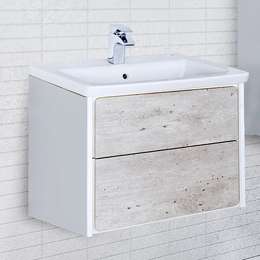 Тумба с раковиной Roca Ronda 70 подвесная, 70 см, белая, светлое дерево, матовая, из МДФ, с ящиками, раковина для ванной фарфоровая, прямоугольная, встроенный слив-перелив, лофт