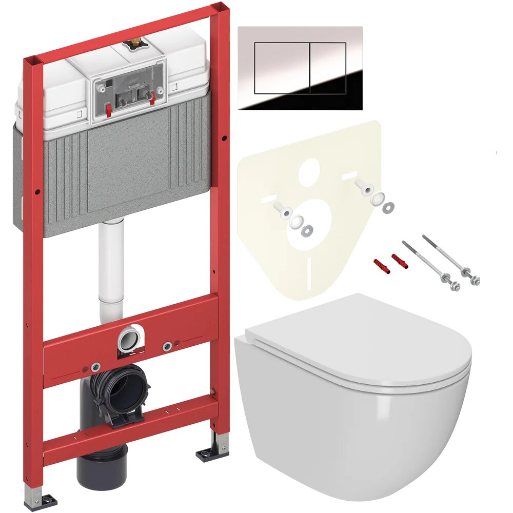 Комплект 2 в 1 Унитаз подвесной Bauedge Bau Dream Hurricane-2 с микролифтом, безободковый, белый / Инсталляция с кнопкой TECE Now 9400412 цвет хром