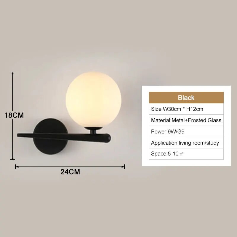 LED настенные светильники MANGDAL, матовый стеклянный шар, черный золото Neutral Light, C Black 9w