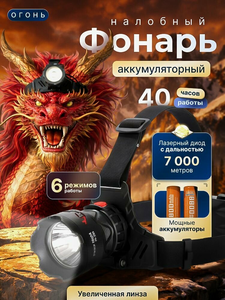 Фонарь налобный аккумуляторный / Фонарик налобный мощный