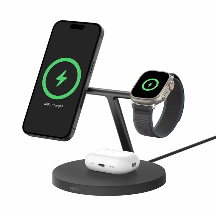 Беспроводное зарядное устройство Belkin BoostCharge Pro 3-in-1 Wireless Charging Stand Qi2 15 Вт (WIZ032kqBK)
