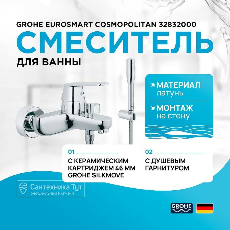 Смеситель для ванны Grohe Eurosmart Cosmopolitan 32832000 хром, рычажное управление, латунь