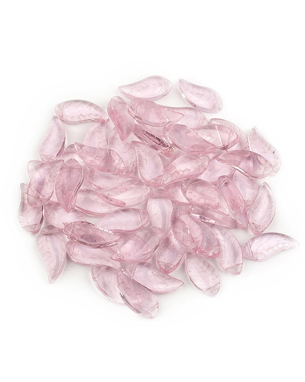 Бусины стеклянные прозрачные, в форме листиков, размер бусин: 18х8х4,5 мм, цвет: розовый, 40 грамм (примерно 50 шт)