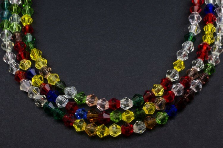 Бусина стеклянная биконус 4х4мм, ассорти цветов, прозрачная, 532-023, 1 нить (около 90шт)