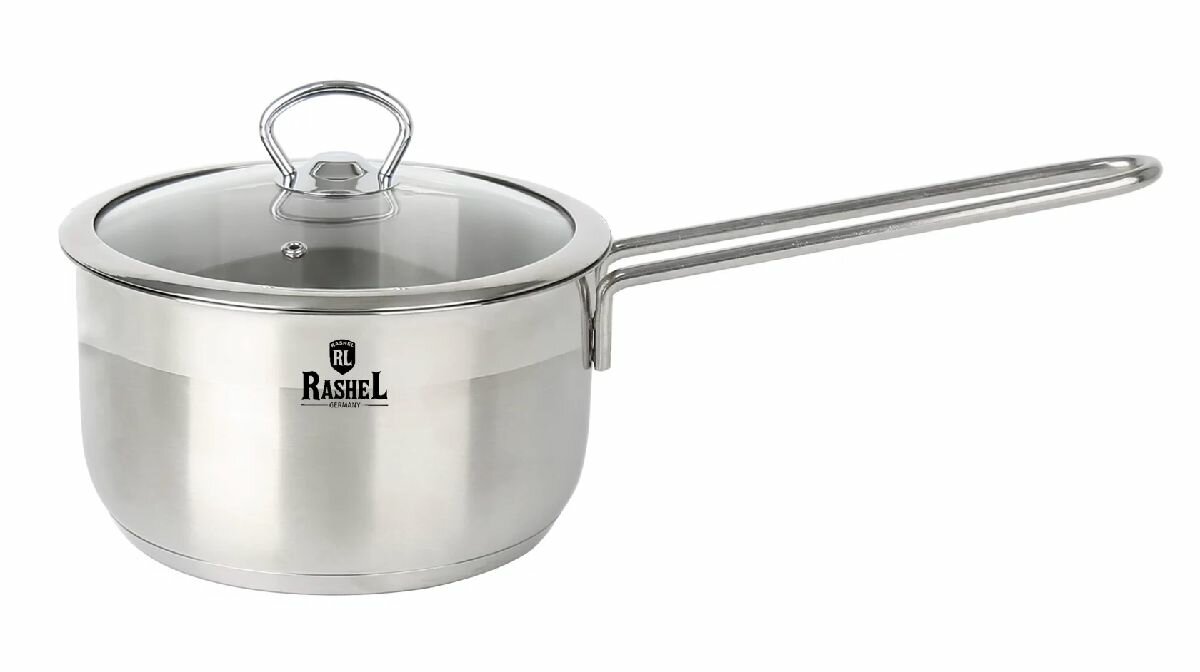 Ковш RASHEL R10 15 гретта со стеклянной крышкой 1.5л, нержавеющая сталь