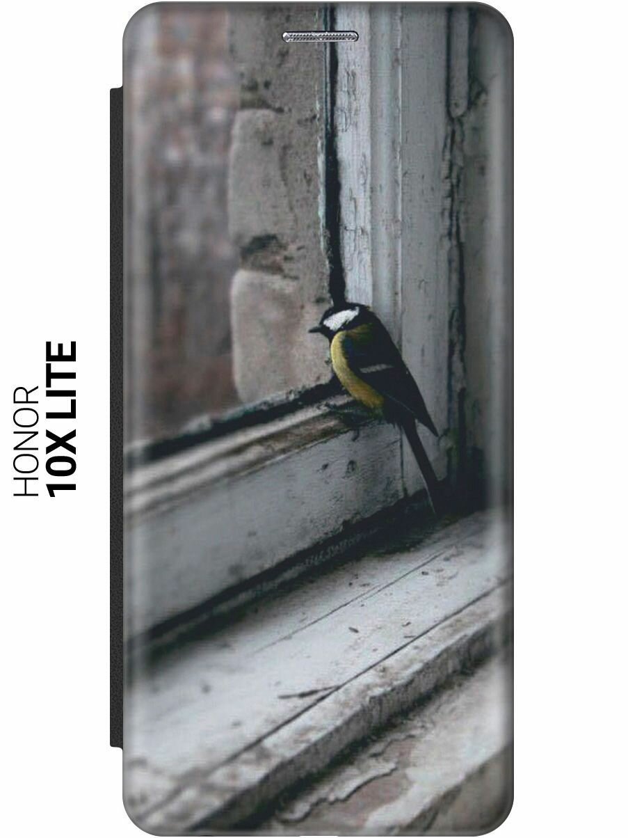 Чехол-книжка на Honor 10x Lite, Хонор 10Х Лайт c принтом "Птичка на окне" черный