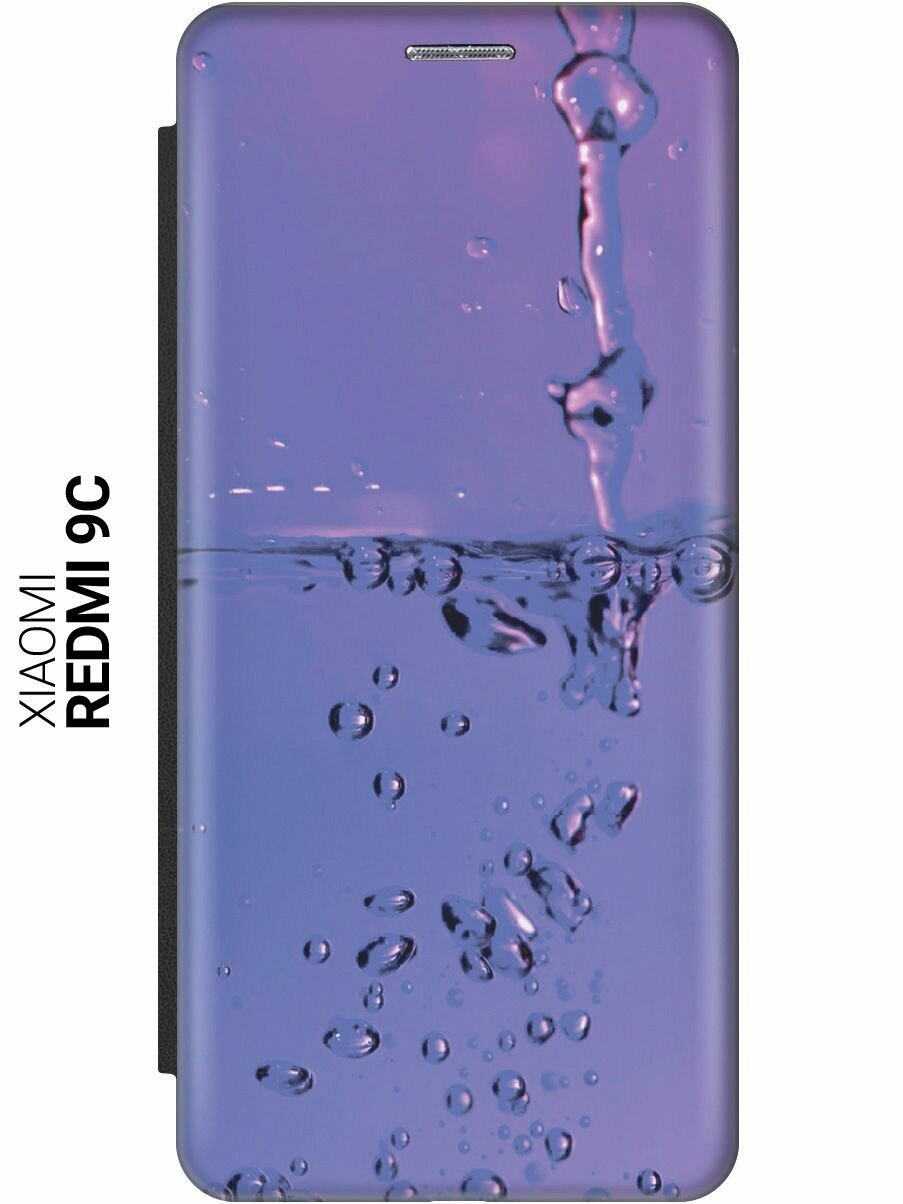Чехол-книжка на Xiaomi Redmi 9C, Сяоми Редми 9С c принтом "Капли на сиреневом" черный