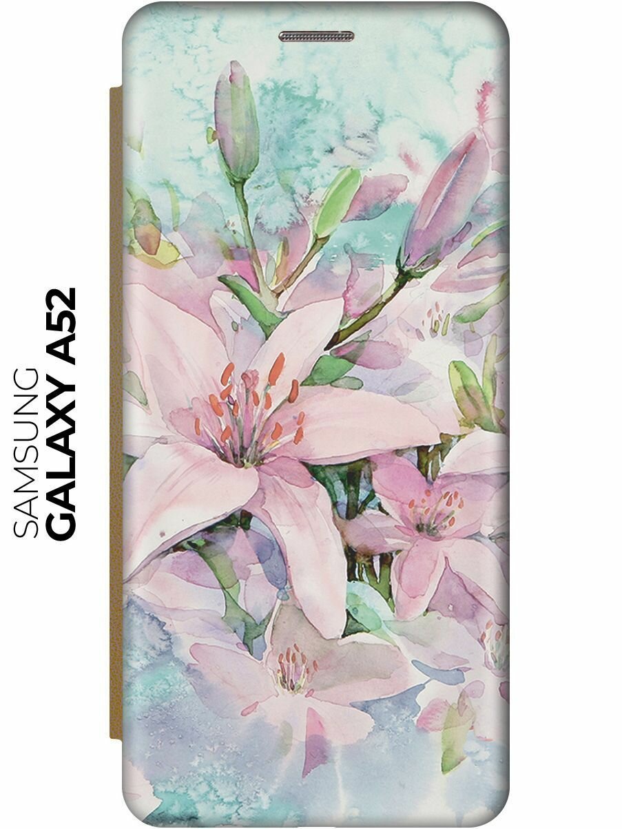 Чехол-книжка Нежные розовые цветы на Samsung Galaxy A52 / Самсунг А52 золотой