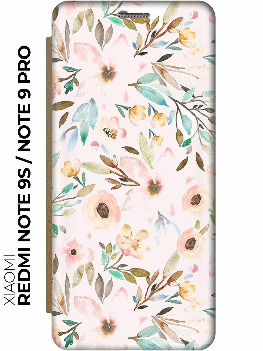 Чехол-книжка Розовая нежность на Xiaomi Redmi Note 9s / Note 9 Pro / Сяоми Редми Ноут 9с / Ноут 9 Про золотой