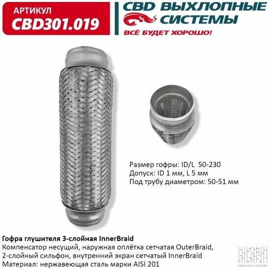 Гофра глушителя 3-слойная Cbd InnerBraid 50-230, 301.019