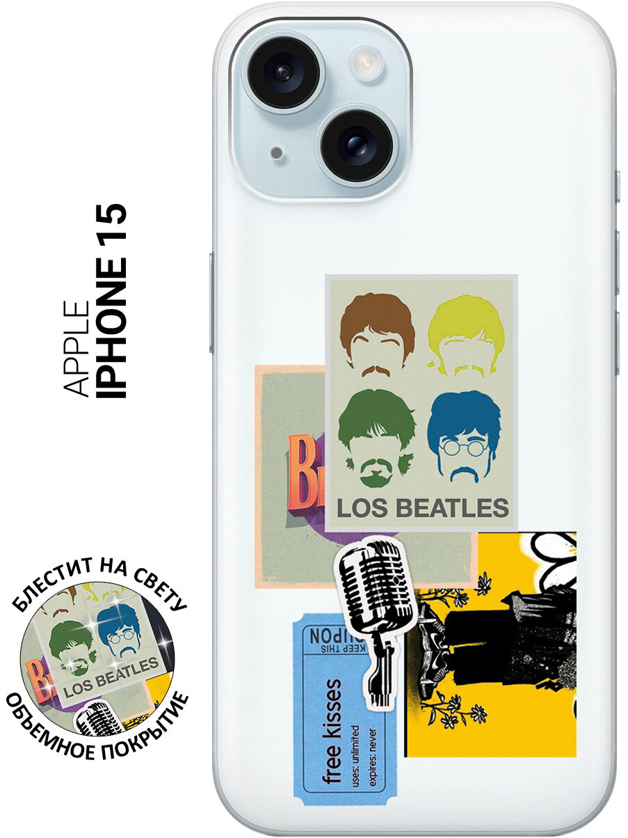 Силиконовый чехол на Apple iPhone 15 / Эпл Айфон 15 с рисунком "Beatles Stickers"