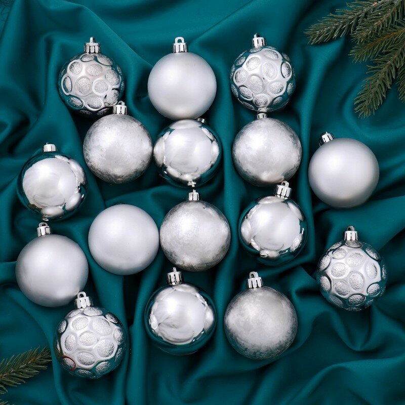 Набор елочных шаров пластик d-6 см, 16 шт "Классика круги ассорти" серебро
