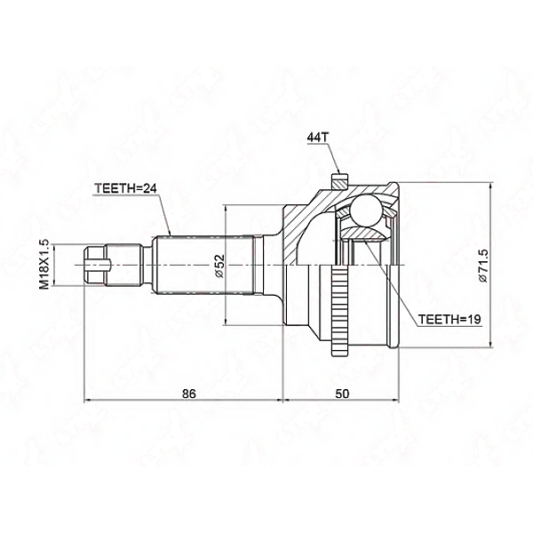 LYNXAUTO CO-3771A (0510004 / 0510014 / 0510014A44) шрус наружный к-кт 19x52x24\ Mazda (Мазда) demio 96-02