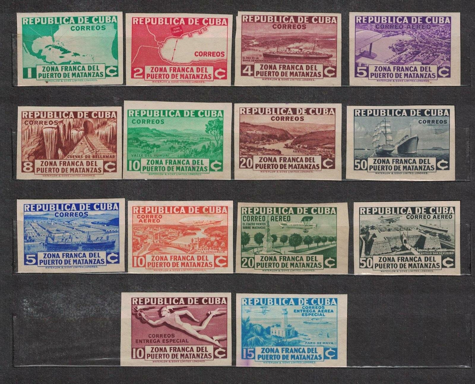 Почтовые марки Куба 1936г. "Открытие свободной зоны порта Матансас - без перфорации" Корабли, Картины, Самолеты, Маяки, Без перфорации NG