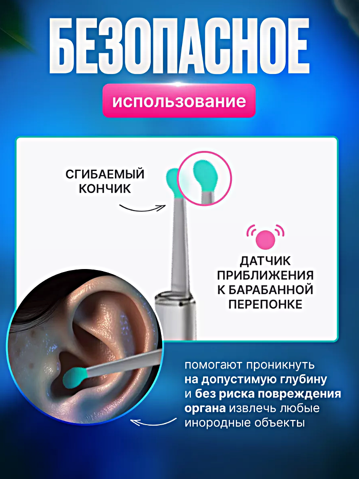 Умная ушная палочка для чистки ушей с камерой, Умная палочка отоскоп для чистки ушей со сменными насадками, Белый