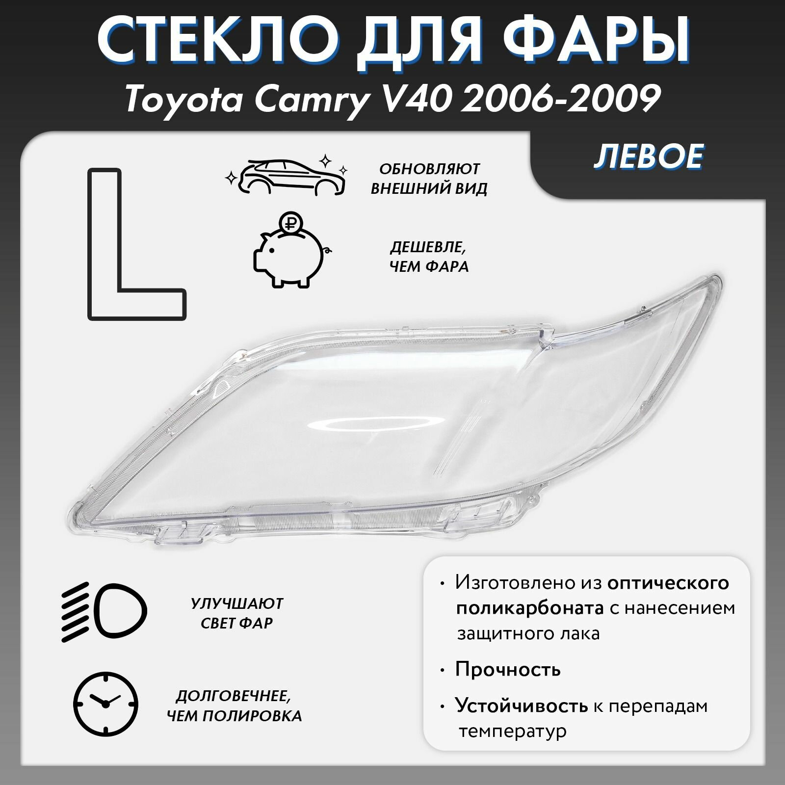 Стекло фары для Toyota Camry V40 2006-2009 левое, поликарбонат 01-009-L
