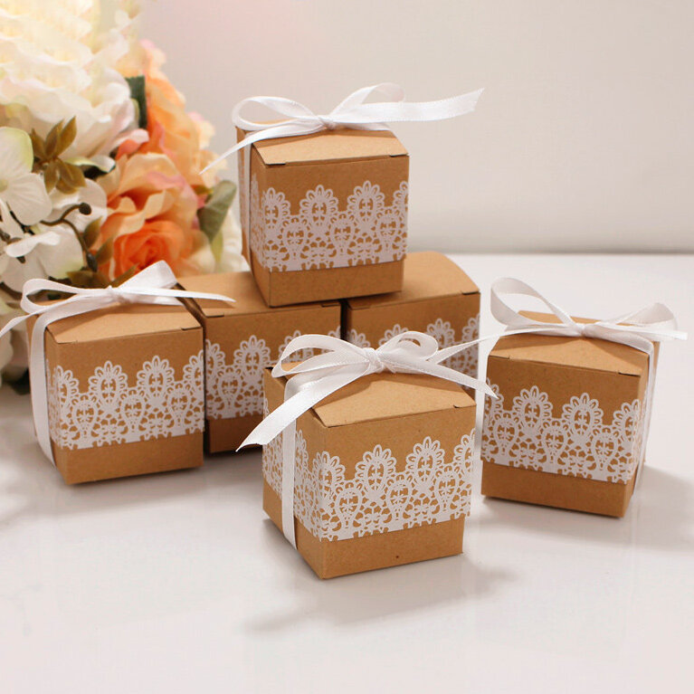 Подарочная коробочка, 5х5х5см, Кружева, в винтажном стиле, 5 шт.
