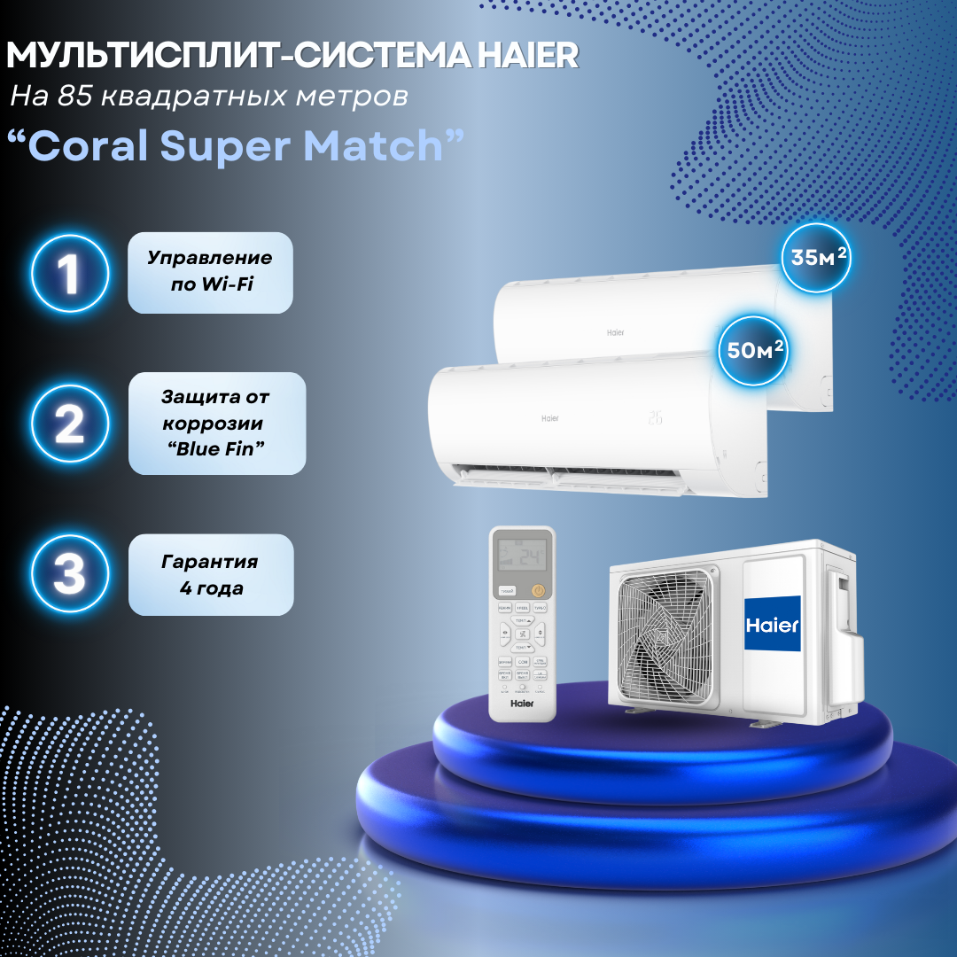 Мультисплит-система Haier Coral Super Match AS35PS1HRA-M + AS50PS1HRA-M / 4U85S2SR5FA на 2 комнаты 35+50 м²