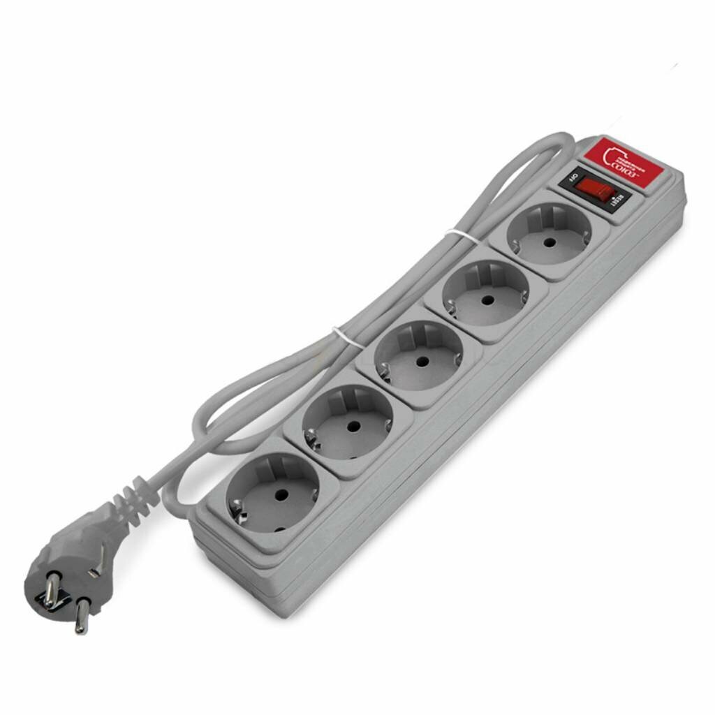 Сетевой фильтр СОЮЗ 5 гнезд, 1,8 м, ПВС, 3х0,75 мм2, с заземлением, 10 А, серый