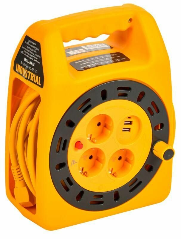 Удлинитель на катушке 3х15м с заземл. Industrial УК15 2P+PE 3х1.5кв. мм USBх2 LED термозащита IEK IN-KP24-16-03-15-UL
