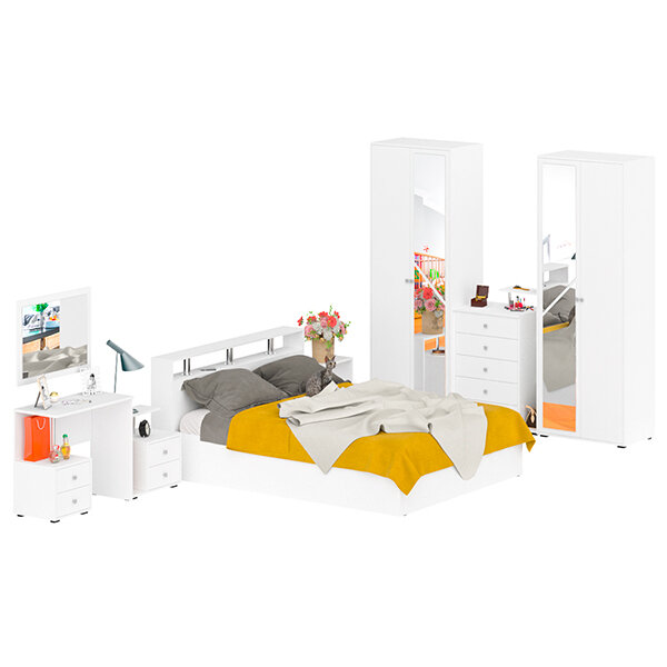 Спальня Мори № 3 Кровать 1600 + Две тумбы + Стол косметич. + Зеркало + Комод + Шкаф 4-х, цвет белый, сп. м. 1600х2000 мм, б/м, осн. есть