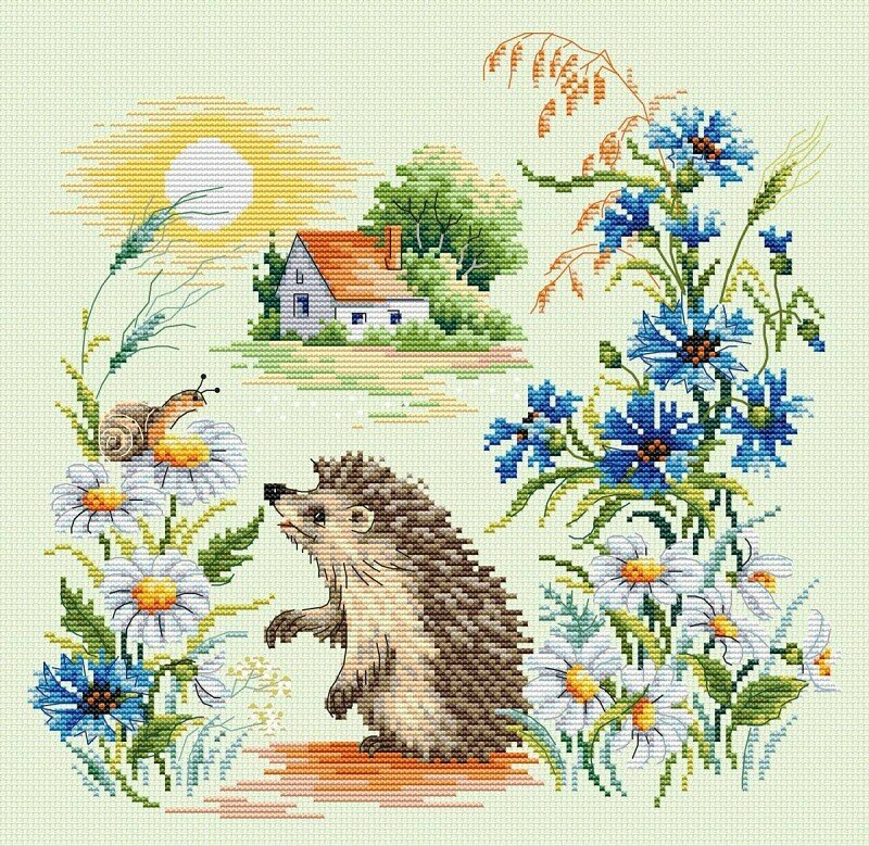 Набор для вышивания Многоцветница #МКН 142-14 Лето. Ёжик в деревне, Счетный крест, 25 х 26 см