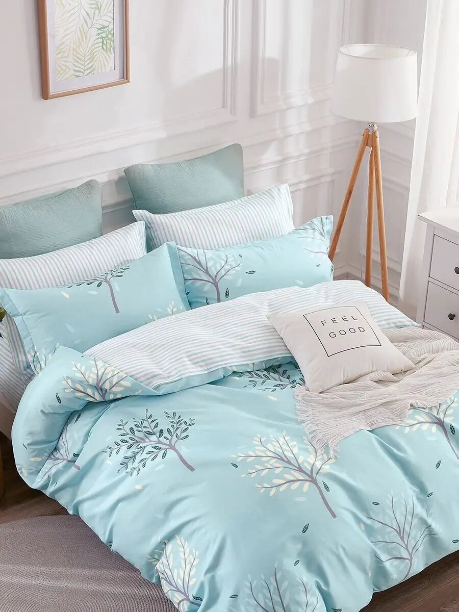 Постельное белье Евро с 2 наволочками, хлопковый сатин