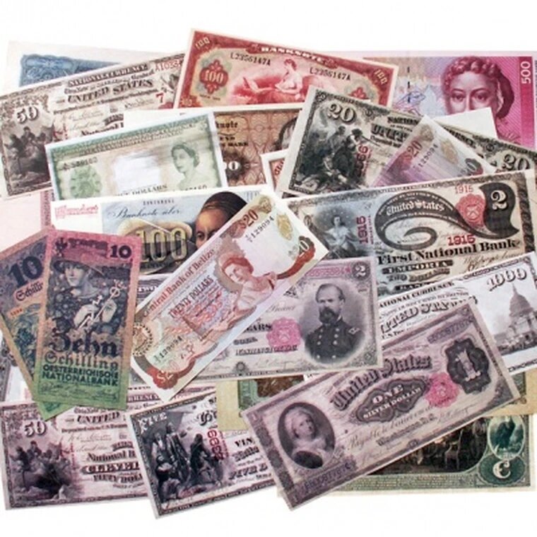 35 иностранных банкнот, копии офсетная печать, случайный выбор, незначительные дефекты