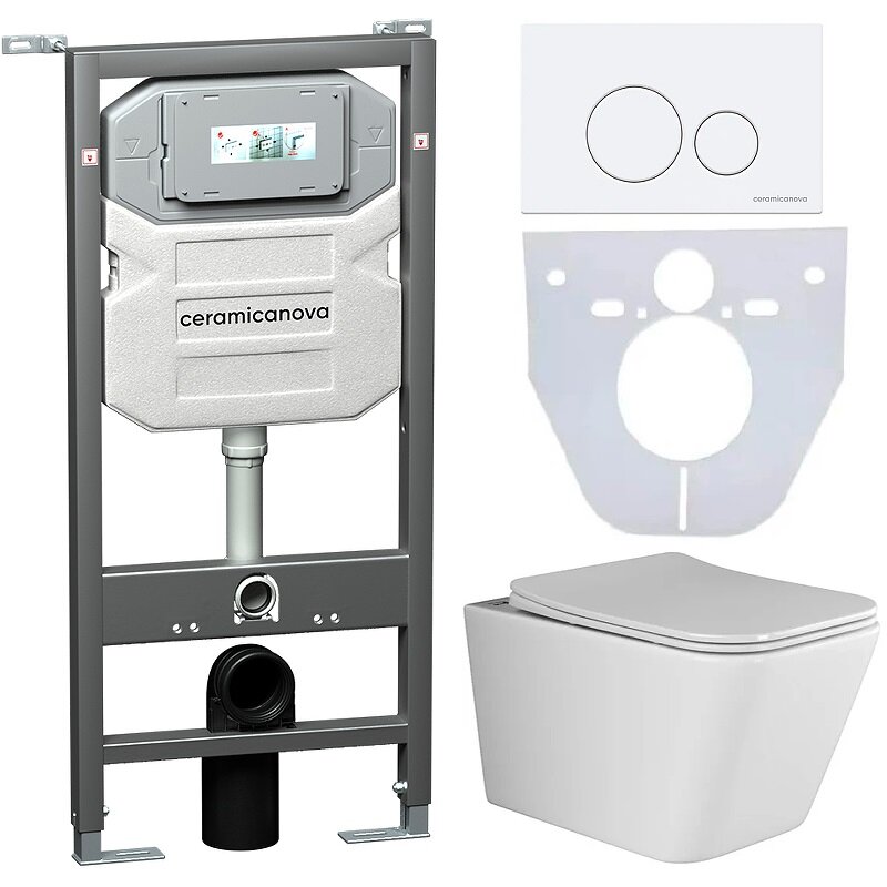 Комплект инсталляции 4 в 1 Ceramicanova (Керамиканова) Подвесной унитаз Metric Rimless арт. CN3007 + Шумоизоляционная панель для инсталляции арт. CN1000 + Система инсталляции для унитазов CERAMICANOVA Envision с кнопкой смыва Round цвет белый и креплениям