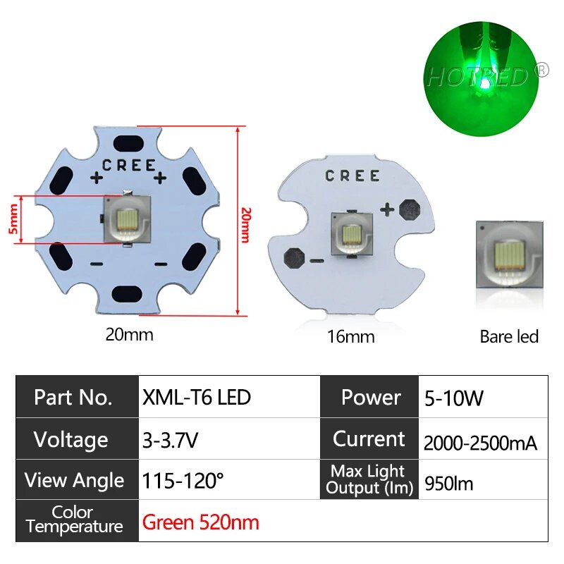 Зеленый LED XML-T6 10W 20mm PCB