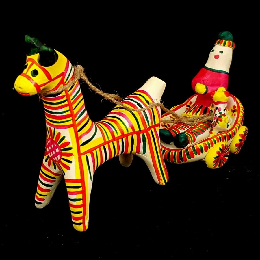 Катание на телеге, свистулька 10-13 см, Филимоновская глиняная игрушка, ручная авторская работа