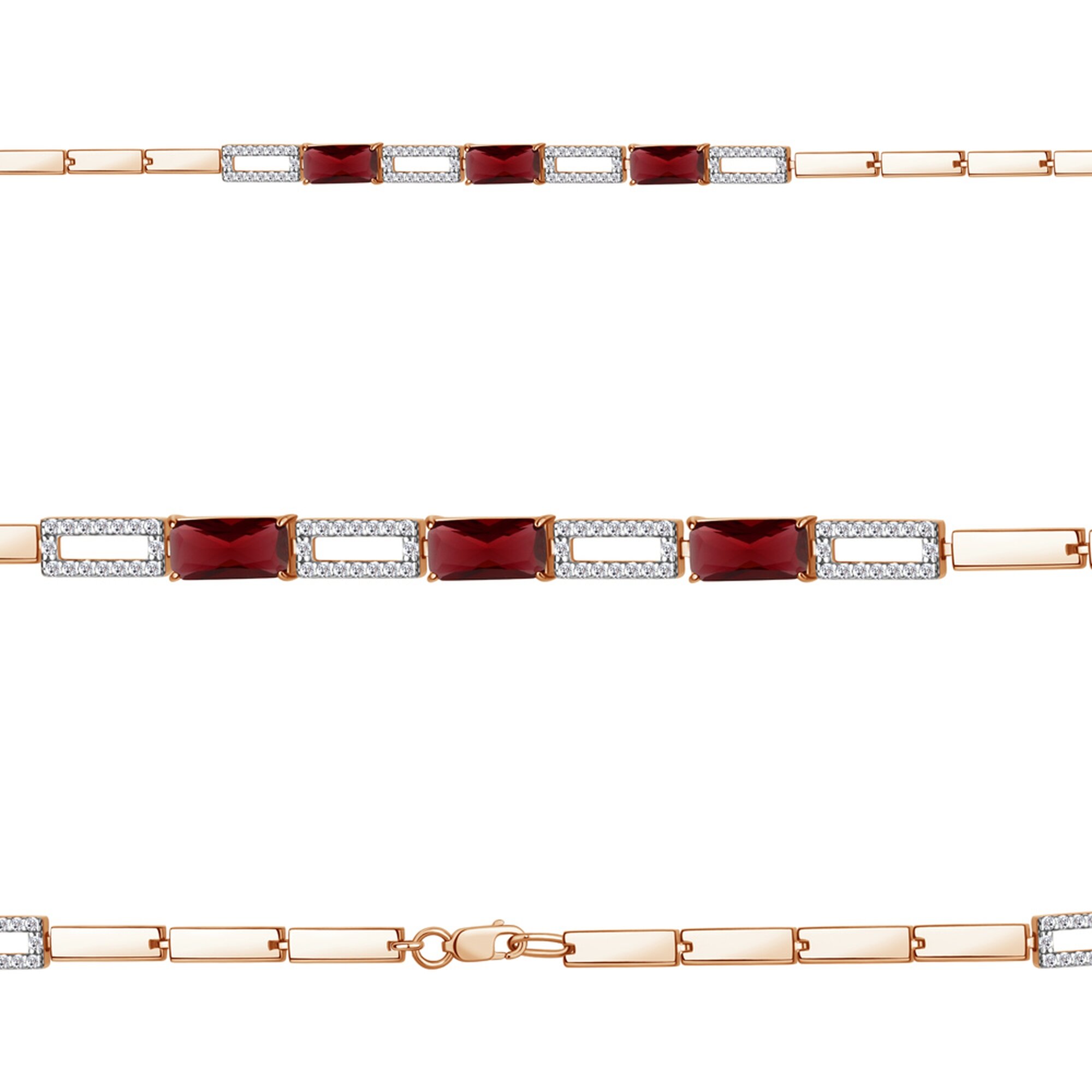 Браслет, серебро, 925 проба, золочение, гранат, фианит