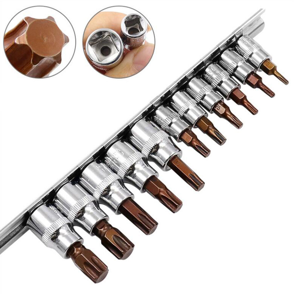 11шт T10-T60 3/8 "1/4" Star Torx Бит Комплект Торцевых Головок Из Хром-Ванадиевой Стали Шестигранные Ключи Гайковерт Сверло Втулка Набор Инструментов