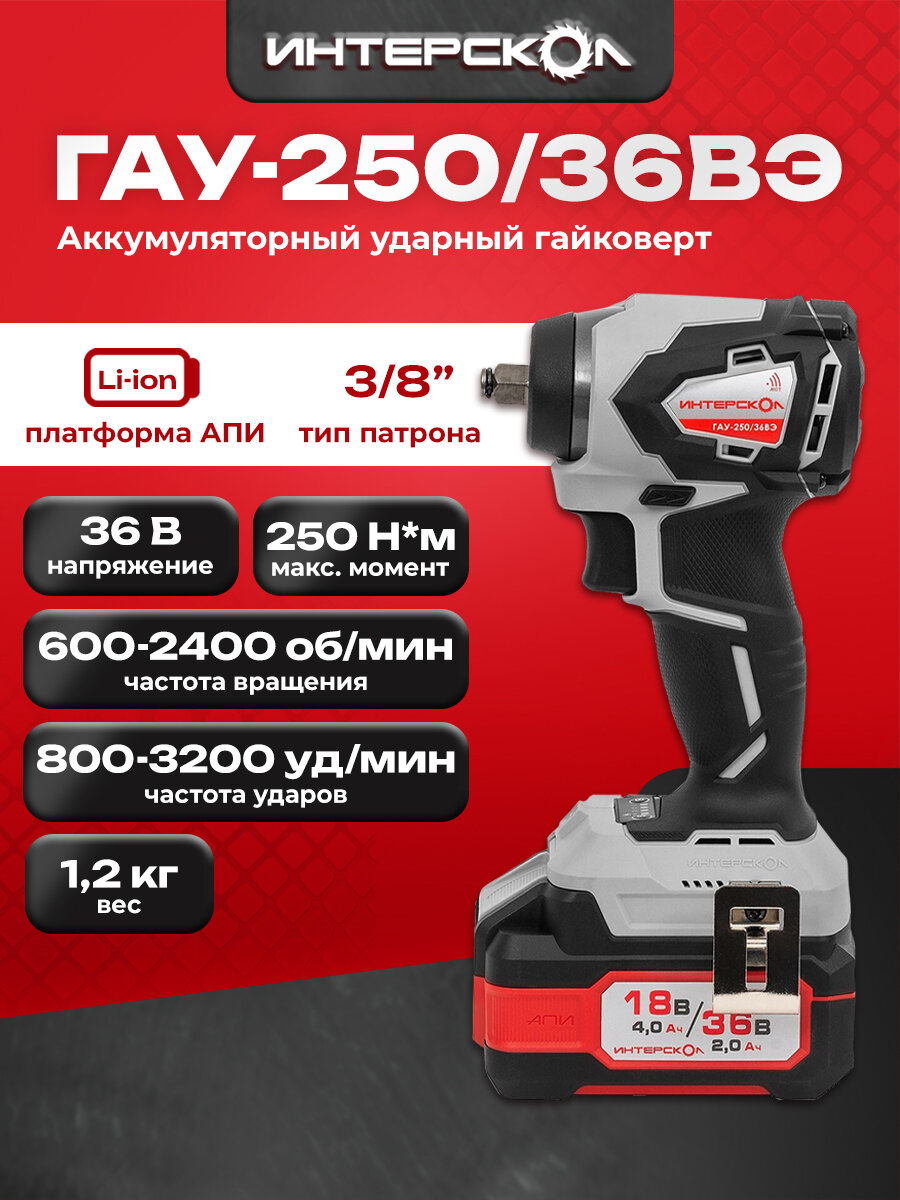 Бесщеточный ударный аккумуляторный гайковерт АПИ 36В, 250 Нм, без АКБ ЗУ, картон 863.0.0.70