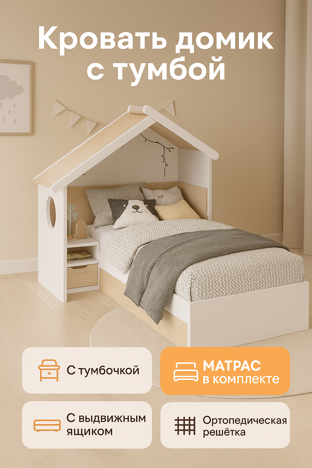 Кровать детская домик с матрасом