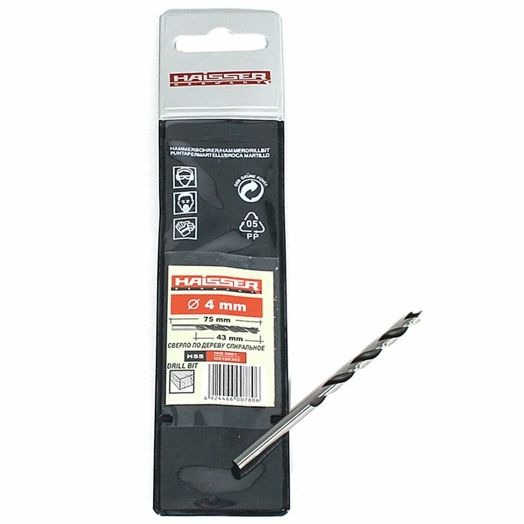 Сверло по дереву винтовое Haisser HS100302 диаметр 4 мм спиральное Китай