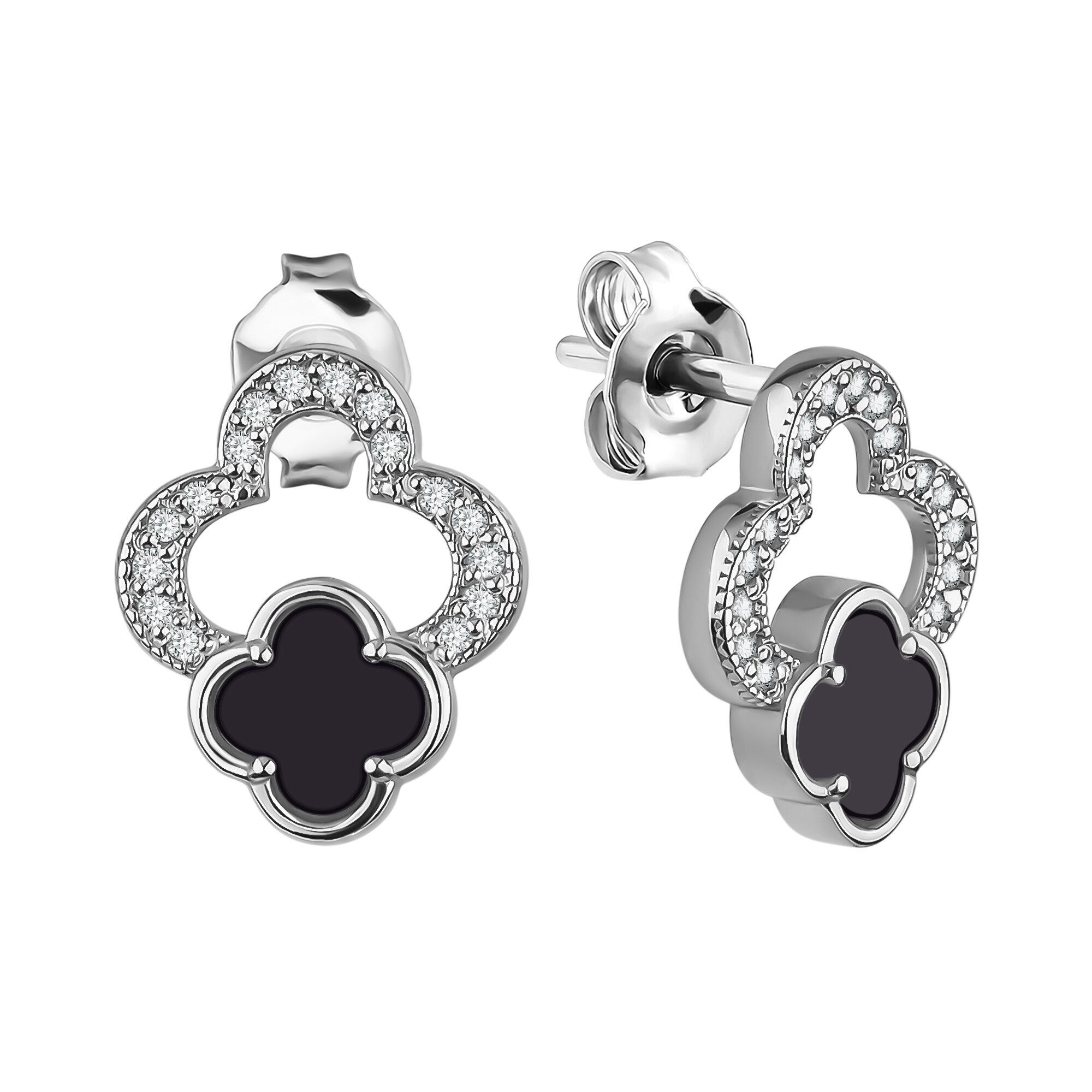 Серьги пусеты, серебро, 925 проба, родирование, оникс, фианит