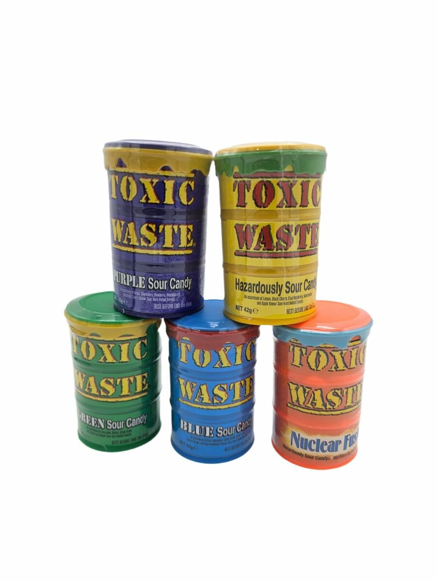 TOXIC Waste Кислые леденцы, Микс: Фиолетовая, желтая, голубая, зеленая, оранжевая банки, 5 шт по 42 г