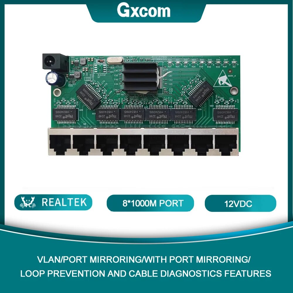 Полный гигабитный Ethernet-коммутатор 12 В, 8 портов, 10/100/1000 Мбит/с, переключатель печатной платы для сетевого устройства
