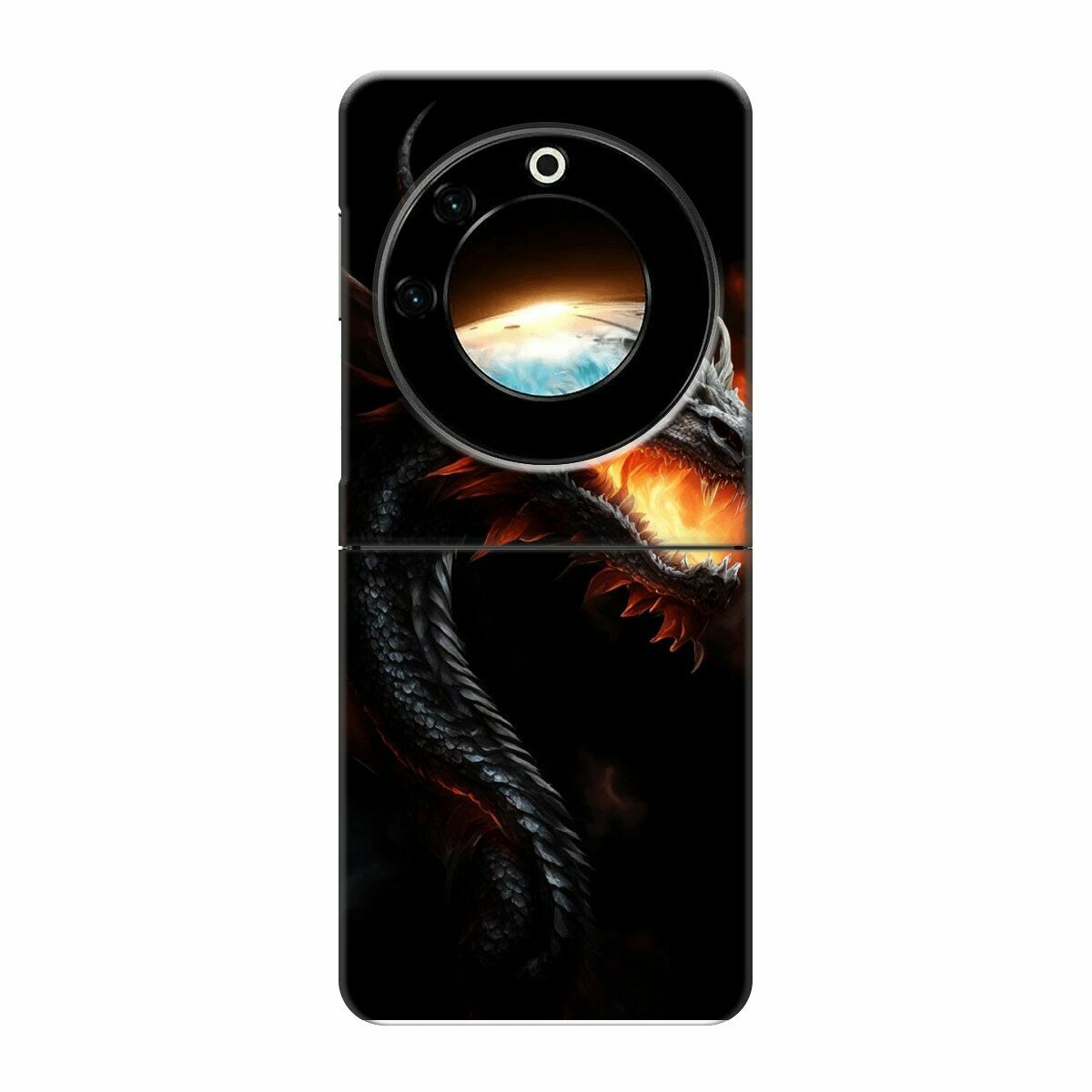 Чехол для Tecno Phantom V Flip 5G с принтом для мужчин с черным драконом и огнем (Техно Фантом В Флип 5G)