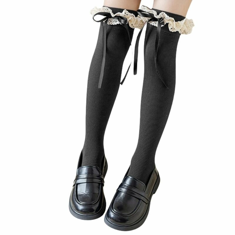 Кружевные Чулки с Бантом в стиле Лолиты для Девочек-Черный