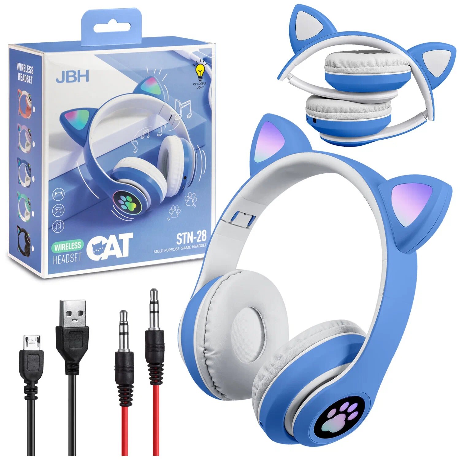 Наушники JBH синие Bluetooth STN-28 Красочный RGB Беспроводные Игровые Наушники CAT WIRELESS наушники с кошачьими ушками