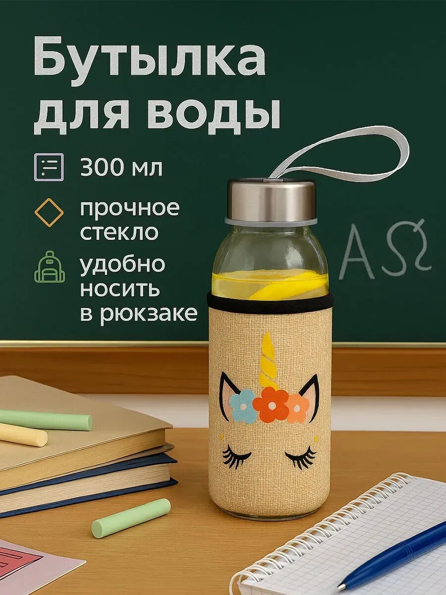 Бутылка для воды спортивная 300 мл стеклянная в чехле