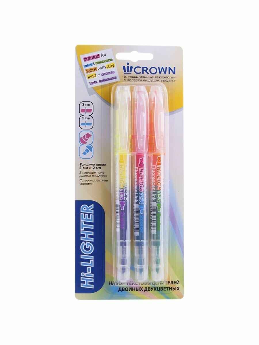 Набор текстовыделителей двухсторонних Crown "Multi Hi-Lighter Twin" 06цв, 3/2мм, блистер (6 шт), H2-1000-B/3