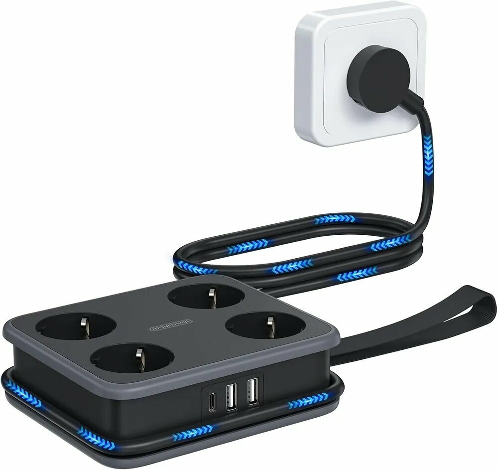 Сетевой фильтр NTONPOWER APP Удлинитель сетевой, 4 розетки 2 USB-A и 1 USB-C, 1.6 м удлинитель, Интеллектуальная идентификация быстрая зарядка, для путешествий домашних офисов