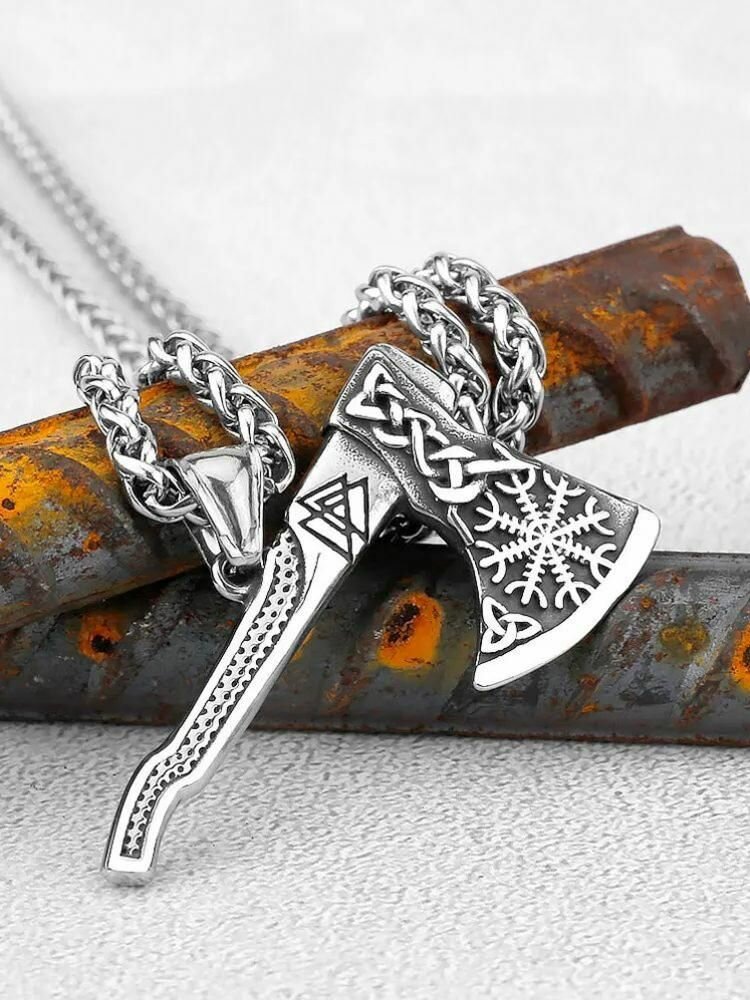 Подвеска мужская/женская на шею Секира Перуна с длинной цепочкой 60 см. из стали/Украшение кулон Топор с цепью в подарок, амулет славянский с гравировкой и оберегом Агисхьяльм Шлем Ужаса