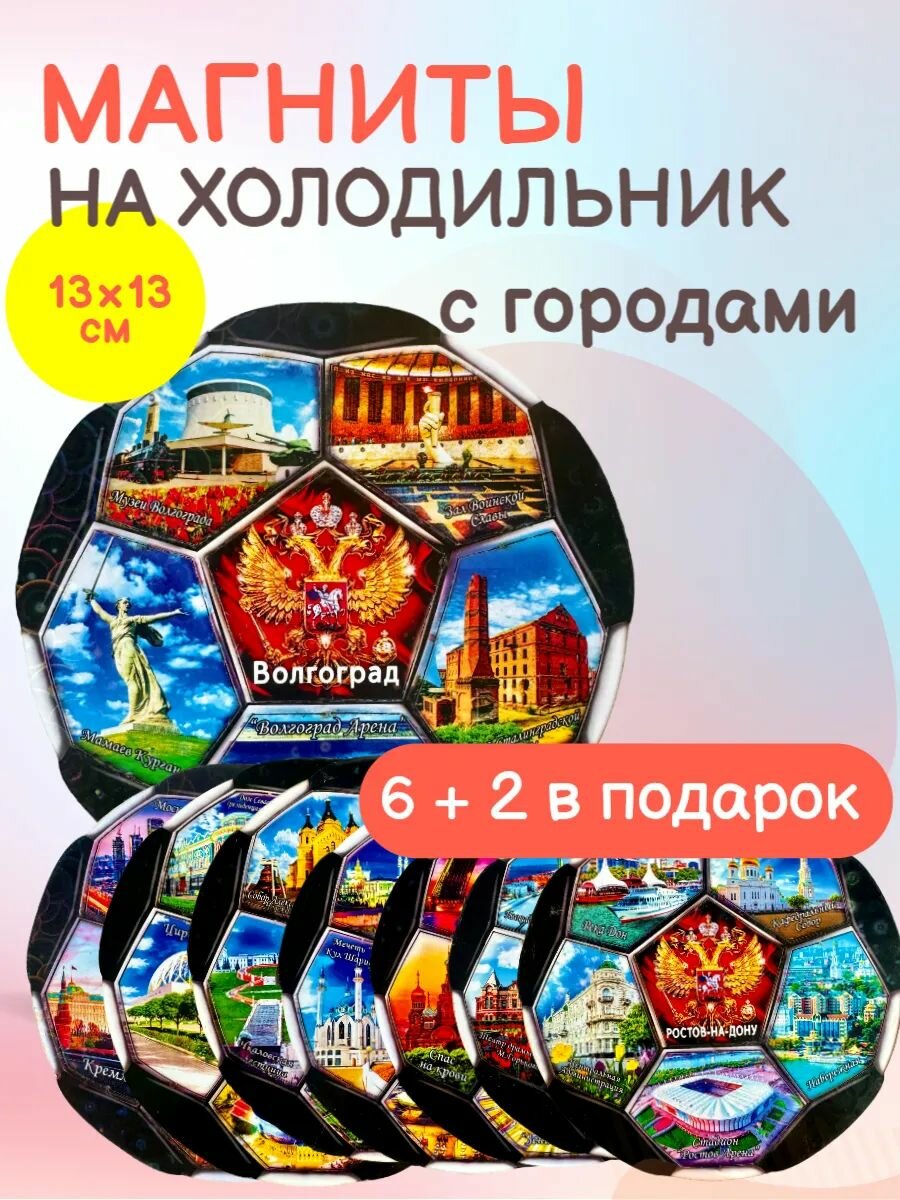Магнит сувенирный на холодильник комплект 8 шт Футбол города 13 см
