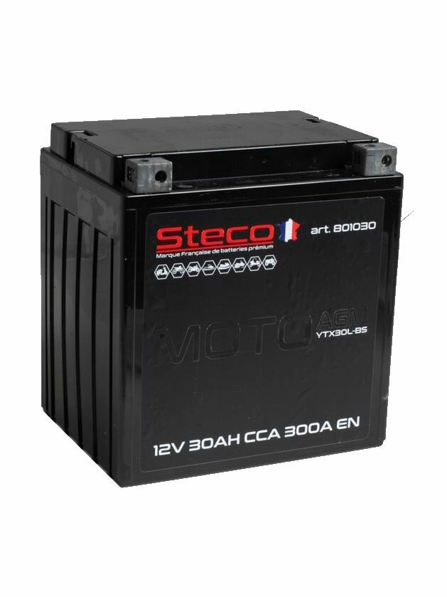 Мотоаккумулятор STECO YTX30L-BS, 30Ач, AGM, обратная полярность, пусковой ток 300А